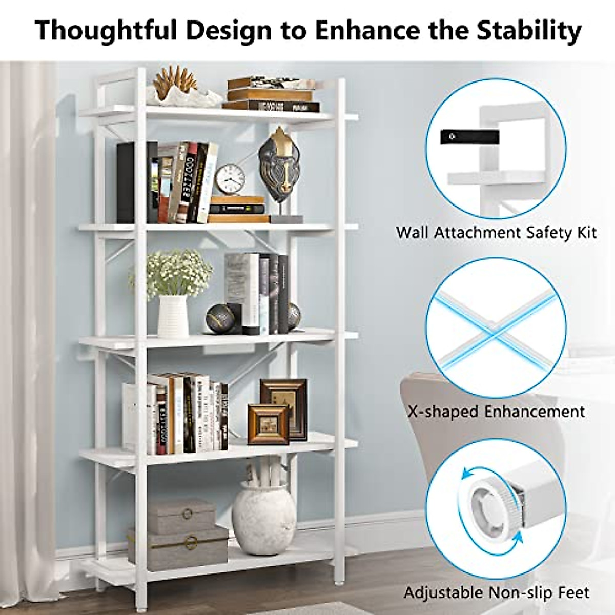 Tribesigns 5 Tier White Bookshelf, Modern Etagere Bookcase with Metal Frame, Tall Book Shelf Unit for Living Room, Study, Home Office (1, White)