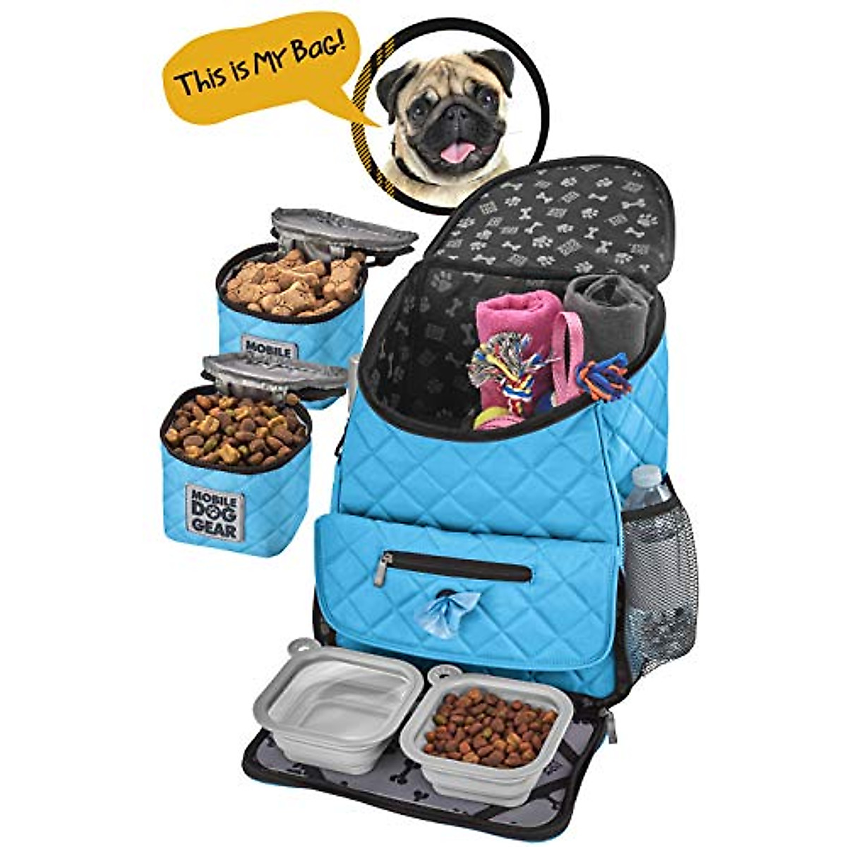 Mobile Dog Gear, Dog Travel Bag, Deluxe Quilted Weekender Backpack, Includes Lined Food Carriers and 2 Collapsible Dog Bowl, Light Blue