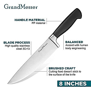 GrandMesser Chef Knife, 8 inch Kitchen Knife, Carbon Stainless Steel Cooking Knife with Ergonomic Handle and Sharpener, Chopping Knife for Professional Use
