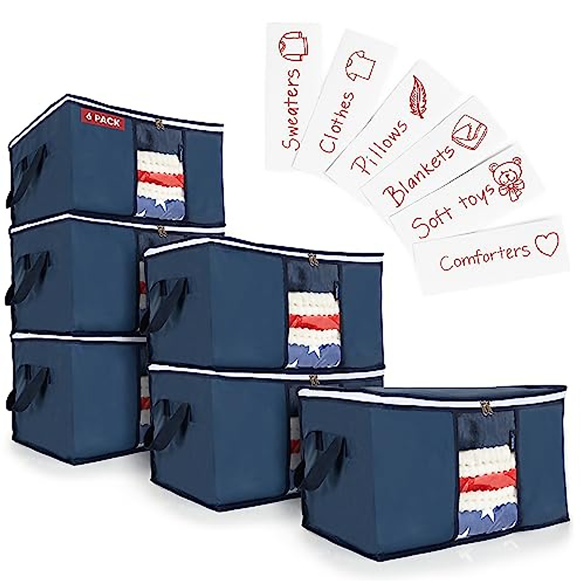 Summer & Winter Clothes Storage Bags with Zipper – 60L Closet Declutter Organizer Collapse Storage Bins for Comforter, Blanket, Bedding – Reinforced Fabric Clothing Storage Bags – Navy, 6 Pack