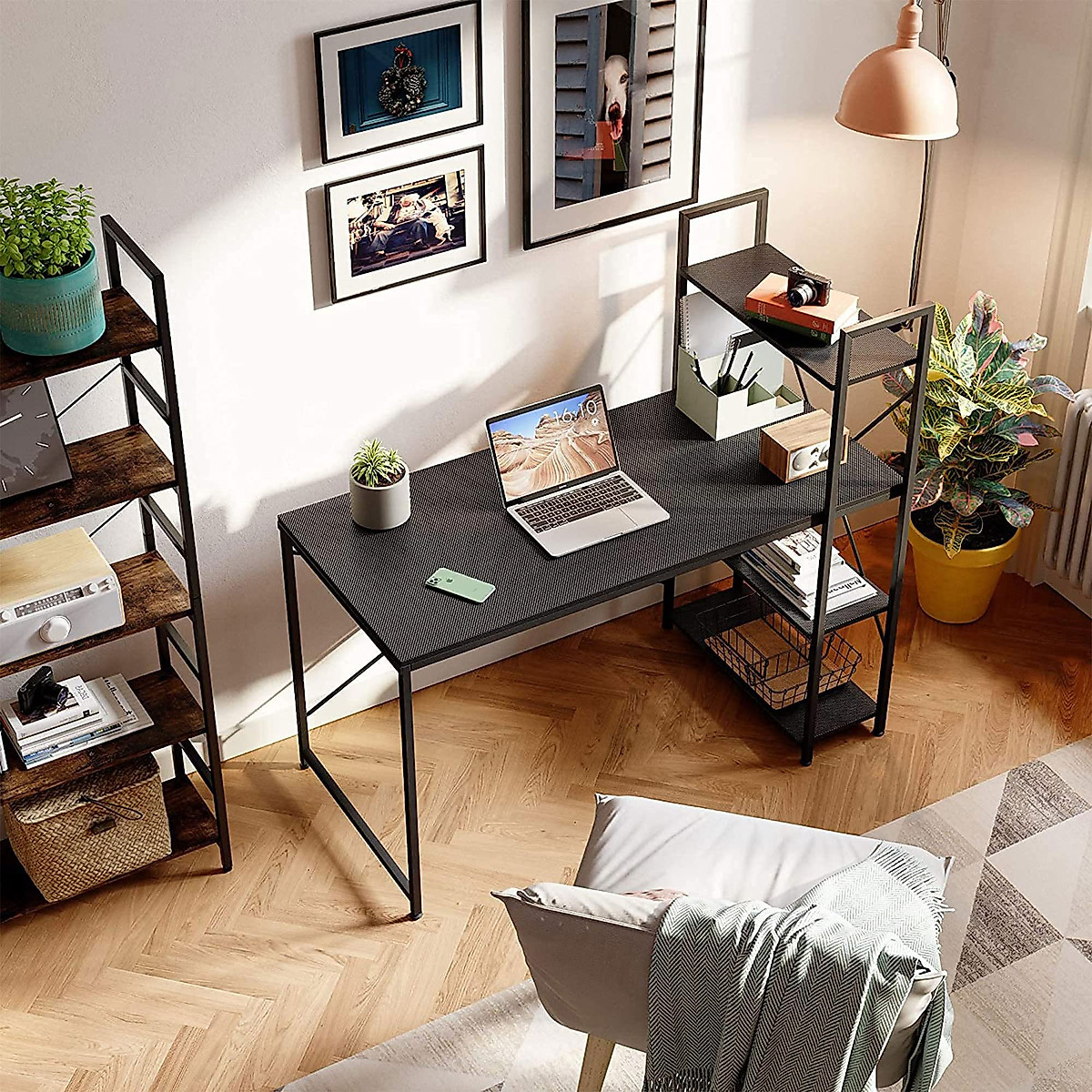 Bestier Computer Desk with Shelves - 47 Inch Small Space Home Office Desks with Bookshelf for Study Writing and Work - Plenty Leg Room and Easy Assemble,Black Carbon Fiber