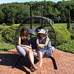 Sunnydaze Liza Loveseat Egg Chair with Gray Polyester Cushions and Stand - Comfy Outdoor Collapsible Hanging Chair with Stand - Black Polyethylene Wicker Rattan Frame with Steel Stand - 76" Tall