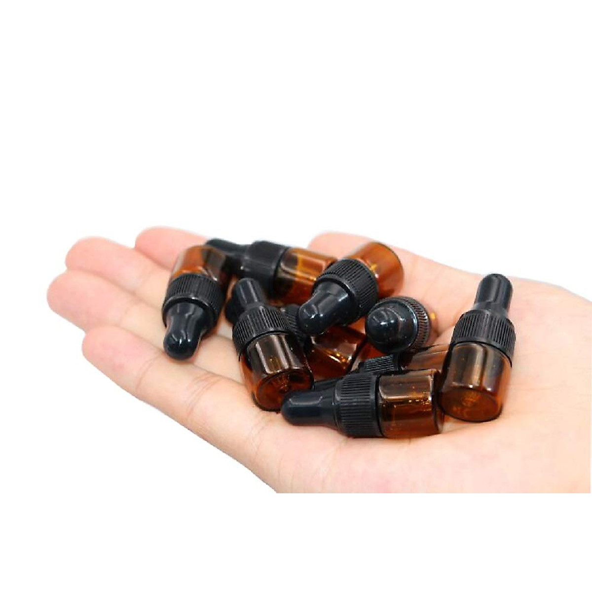 50Pcs Amber Glass Dropping Bottles 1ml Mini Essential Oil Dropper Bottles Empty Travel Perfume Sample Vials Containers with Glass Eye Dropper and Cap in Box(2 Droppers Included)