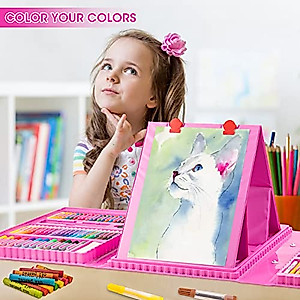 Art Supplies, 240-Piece Drawing Art Kit, Gifts Art Set Case with Double Sided Trifold Easel, Includes Oil Pastels, Crayons, Colored Pencils, Watercolor Cakes, Sketch Pad (Pink)