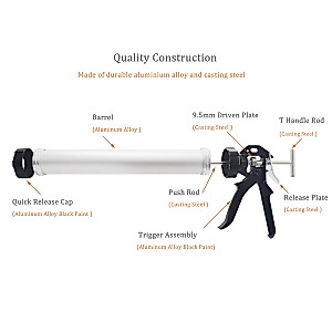 ZHTOOL 600ml Caulking Gun with Aluminum Barrel for 10oz/20oz Sausage Pack,10oz Cartridge and Bulk Application
