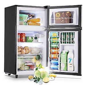 WANAI Double Door Small Refrigerator with Freezer-on-top, 3.5 Cubic Feet Mini Fridge with 7-Level Adjustable Thermostat for Office, Dorm, Bedroom, Home and Apartment, Black