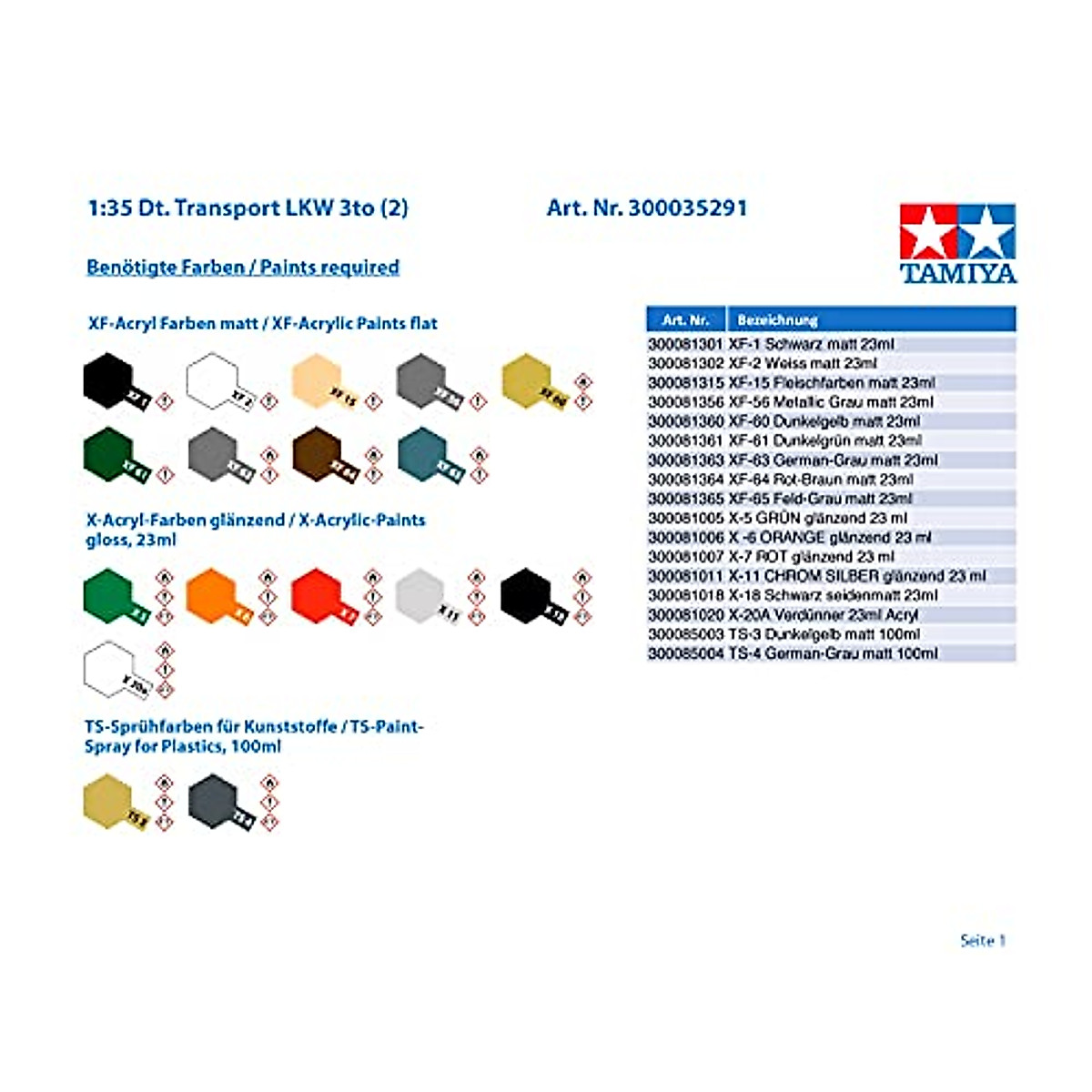 Tamiya 35291 1/35 German 3Ton 4x2 Cargo Truck Plastic Model Kit