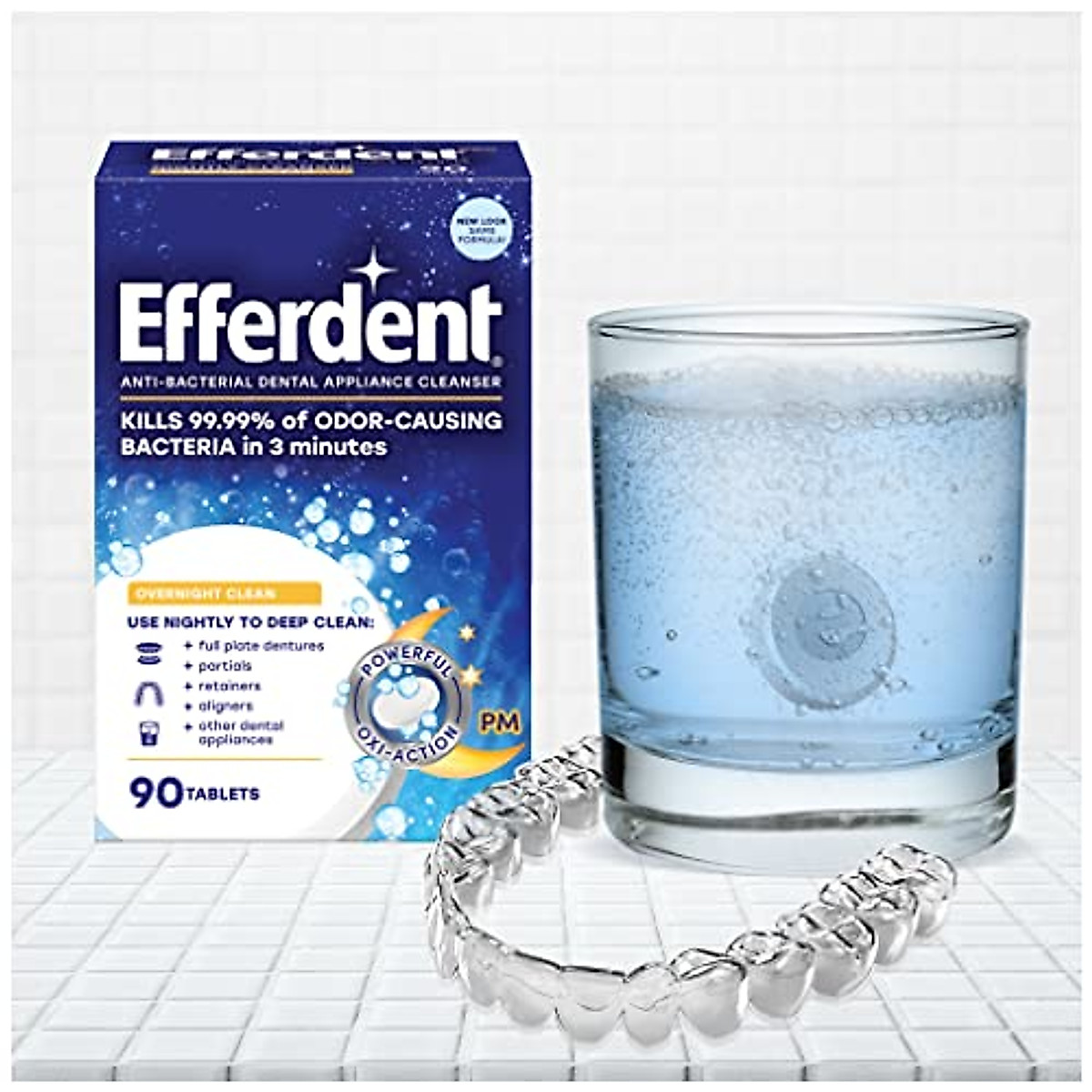 Efferdent Retainer Cleaning Tablets, Denture Cleaning Tablets for Dental Appliances, Overnight Whitening, 90 Count