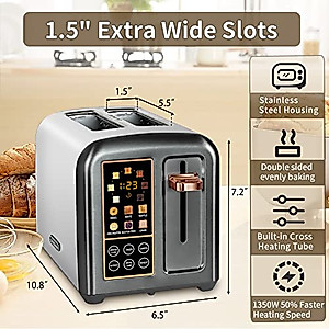 SEEDEEM Toaster 2 Slice, Stainless Steel Bread Toaster with LCD Display and Touch Buttons, 50% Faster Heating Speed, 6 Bread Selection, 7 Shade Settings, 1.5''Wide Slots Toaster with Cancel/Defrost/Reheat Functions, Removable Crumb Tray, 1350W, Dark Metal