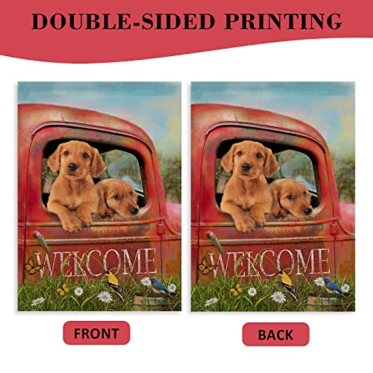 Covido Home Decorative Welcome Spring Dog Golden Retriever Garden Flag, Summer Red Truck Yard Puppy Outside Decoration, Outdoor Small Burlap Decor Double Sided 12x18