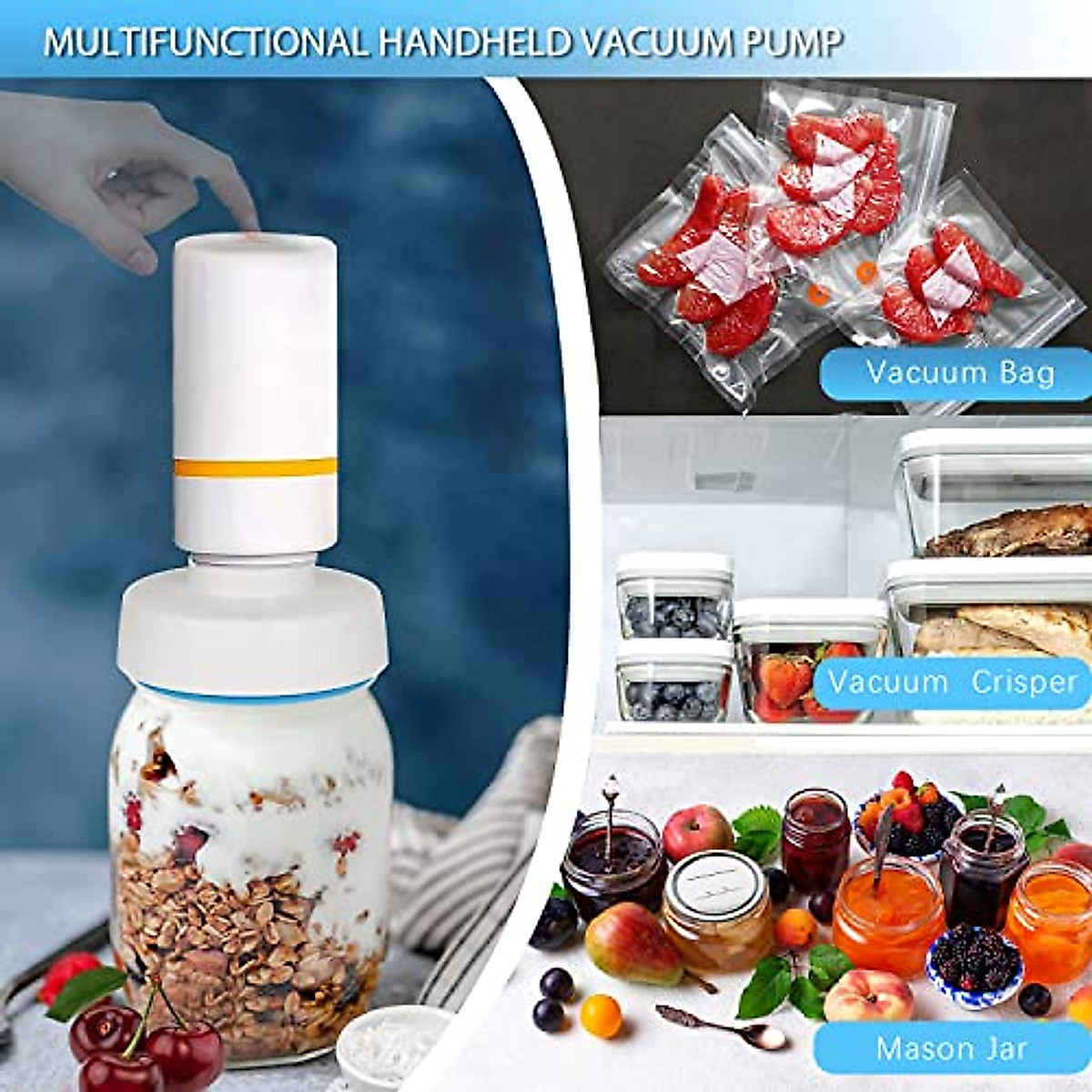 Mason Jar Vacuum Sealer,Electric Vacuum Sealer Kit for Wide-Mouth & Regular-Mouth Mason Jar,Rechargeable Automatic Food Vacuum Sealer with 8pcs Canning Lids Set