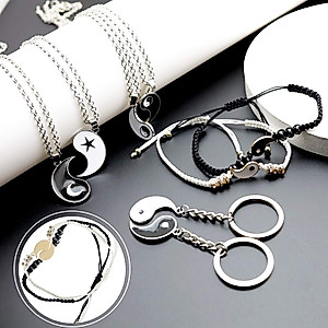 RechicGu Gold and Silver 8 Pieces Yin Yang Bff Couples Matching Necklace Adjustable Cord Bracelet and Key Chain Rings Enamel Feng Shui for Boyfriend Girlfriend Friendship Valentine Gift