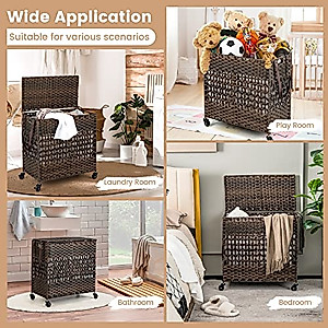 Giantex Laundry Hamper with Wheels and Lid, 33 Gal (125L) Wicker Laundry Basket, 2 Removable Liner Bags, Handles and Pulling Strap, Synthetic Rattan Laundry Hamper Clothes Storage Organizer (Brown)