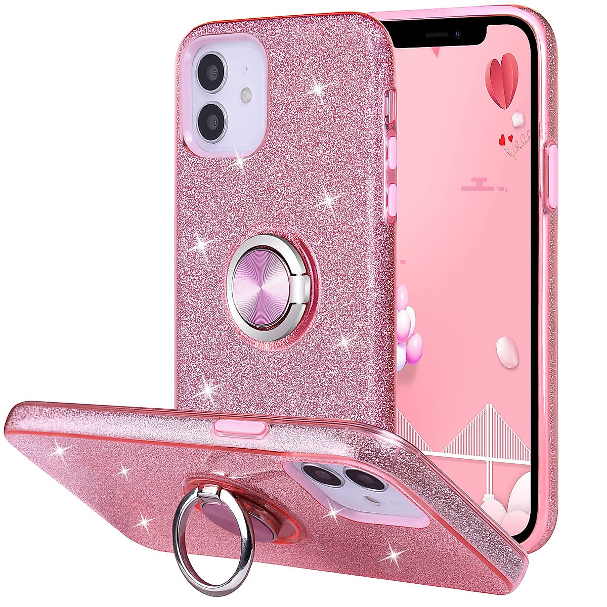 Wisdompro Case for iPhone 12 Mini, Cute Glitter Bling Sparkle Protective Case with Ring Kickstand, Women Girls Phone Case for 5.4 Inch Apple iPhone 12 Mini - Pink