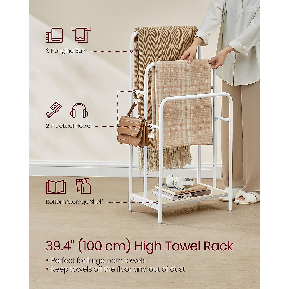 VASAGLE Freestanding Towel Rack, 3-Tier Blanket Holder with Storage Shelf, 19.7 x 11.8 x 39.4 Inches, Blanket Rack, 2 Hooks, for Blankets, Bath Towels, Cloud White and Natural Beige ULLS009W01