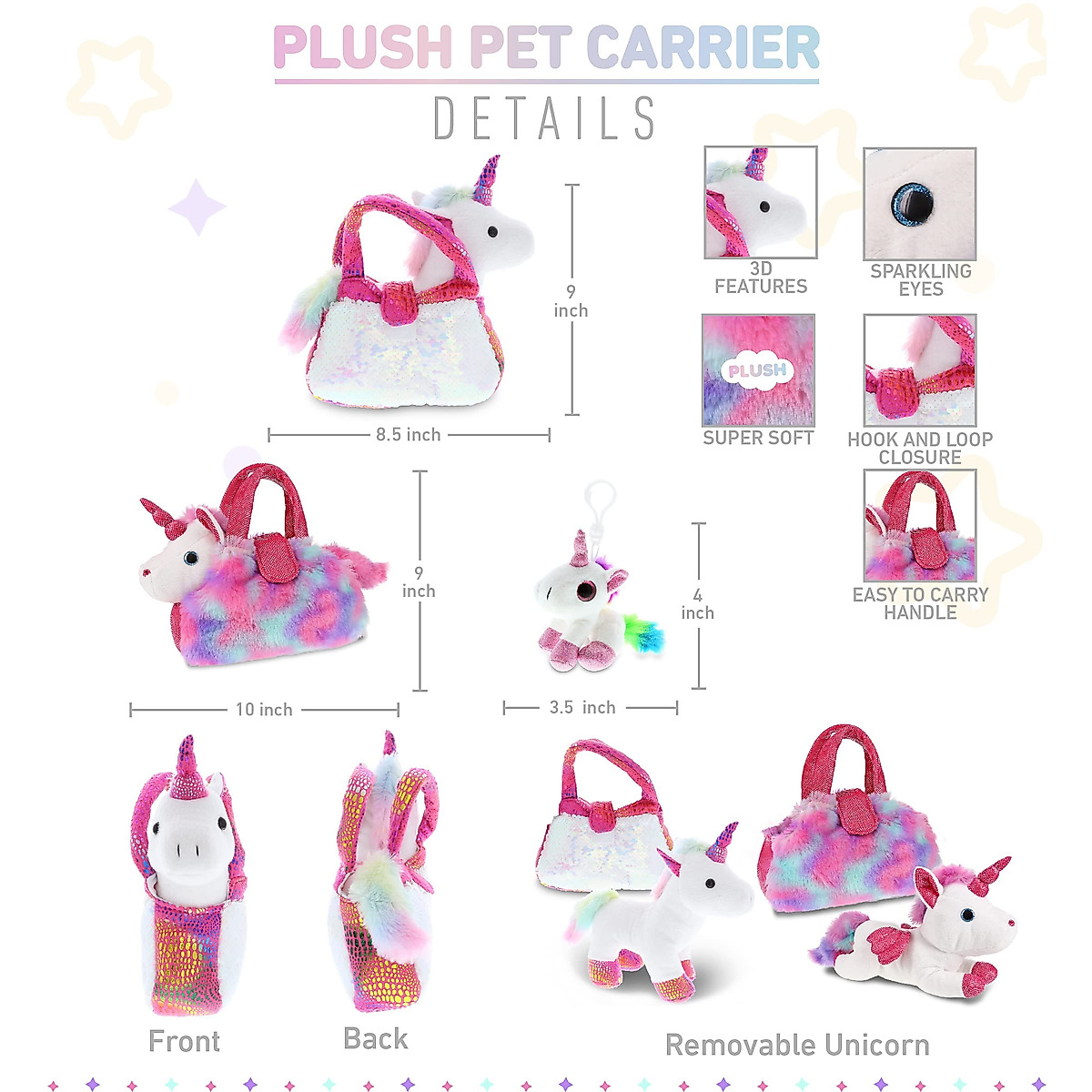 DolliBu Unicorn Bags and Keychain Set of 3-2 Unicorn Stuffed Animal Purse Bags for Girls and 1 Keychain, Removable Unicorns in Sequin and Furry Handbags for Dress Up