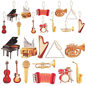 WATINC 37pcs Musical Instrument Christmas Wooden Ornaments Set Classic Saxophone Guitar Vintage Piano Cello Drum Triangle Sign Gift Tags for Music Party Supplies Holiday Xmas Tree Garden Decorations
