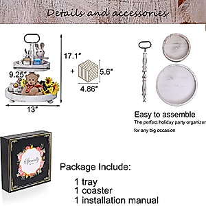 SWT8CAI 2 Tier Tray Rustic Cake Stand Farmhouse Kitchen Decor Centerpiece,Farmhouse 2 Tier Serving Tray for Coffee Bar w/Handle&1 Coaster