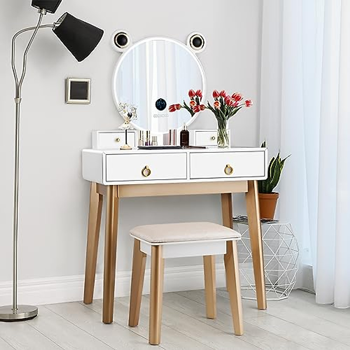 KOTEK Vanity Desk with Touch-Screen Mirror, 3 Lighting Modes, Bluetooth Speakers, Dressing Table with 4 Drawers & Cushioned Stool, Makeup Vanity Table Set for Bedroom Small Space, White