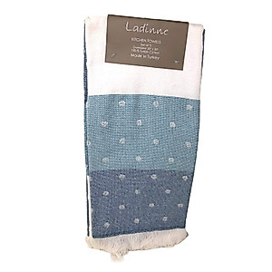 Ladinne Kitchen Towels Set of 3 Oversized 20 x 30in 100% Turkish Cotton, Terrycloth, Tri-Tone Oceanic Colors with Pop up Dots | Made in Turkey