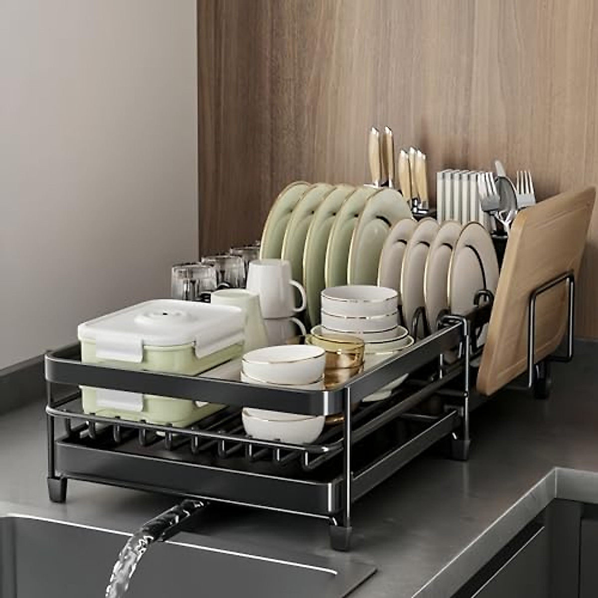 Taqargzy Dish Drying Rack Large Dish Drying Rack with Drainboard Set, Extendable Dish Rack, Utensil Holder, Cup Holder, Expandable Dish Drainer for Kitchen CounterCup Holder,(Black1)