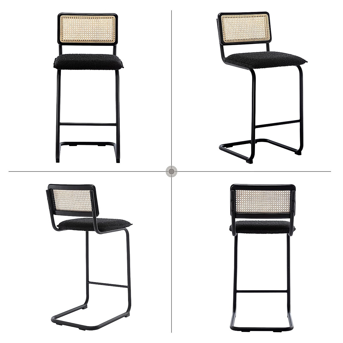 ONEVOG Boucle Rattan Bar Stools Set of 2, 29'' Bar Height Stools with Natural Cane Back, Solid Wood Frame Bar Chairs with Chrome Legs, Cantilevered Design Upholstered Stools, Black