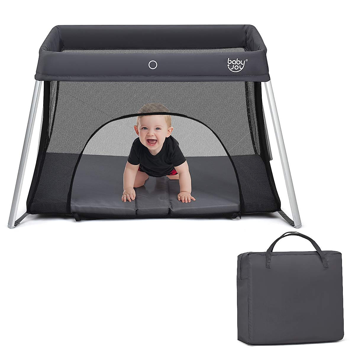 BABY JOY Baby Foldable Travel Crib, 2 in 1 Portable Playpen with Soft Washable Mattress, Side Zipper Design, Lightweight Installation-Free Home Playard with Carry Bag, for Infants & Toddlers (Grey)