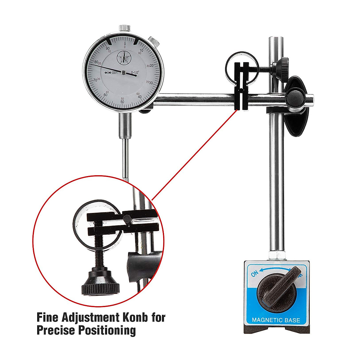 LAIWOO Dial Indicator with Magnetic Base Holder 0-1" Tester Gage Gauge 0.001" Fine Adjustable Long Arm