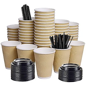 SPRINGPACK 12oz 100 Packs Insulated Kraft Ripple Wall Disposable To Go Paper Coffee Cups for Office Parties Home Travel Corrugated Sleeve Hot Drink Cups with Lids & Straws,100 Count 12 oz