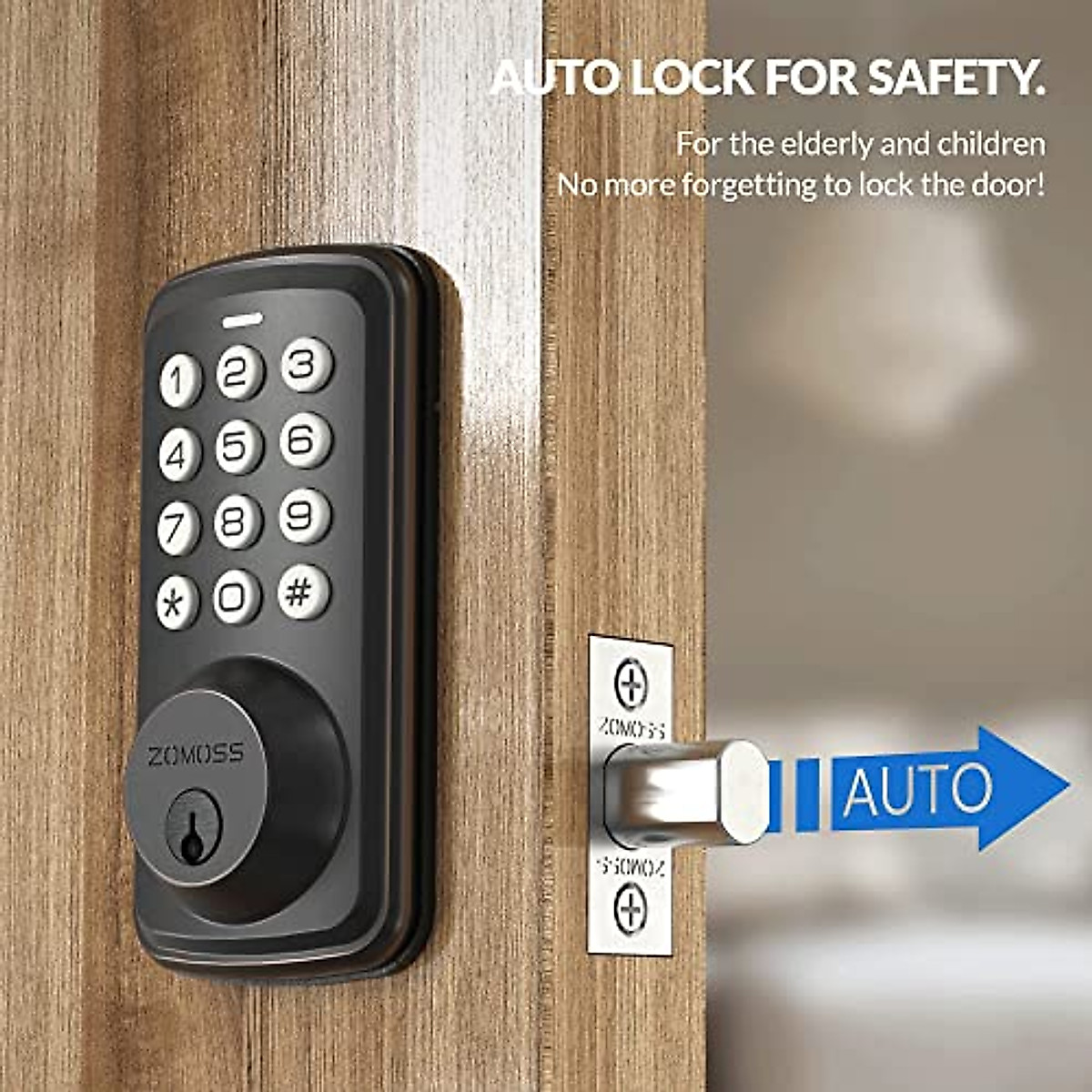 Keyless Entry Door Lock, Zomoss Electronic Keypad Deadbolt Lock, Auto Lock, 20 User Codes, Digital Deadbolt for Front Door, Easy to Install, 1 Press Locking, Oil Rubbed Bronze