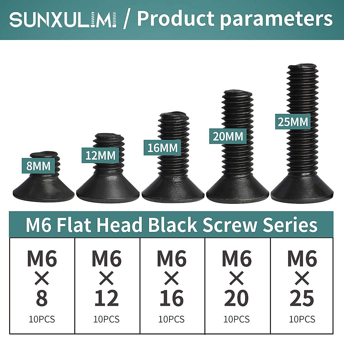 M6 x 8mm 12mm 16mm 20mm 25mm Flat Head Socket Cap Screws Countersunk Bolts, 10.9 Grade Alloy Steel, Black Oxide Finish, Fully Threaded, Metric Allen Hex Drive, Assortment Kit 50PCS