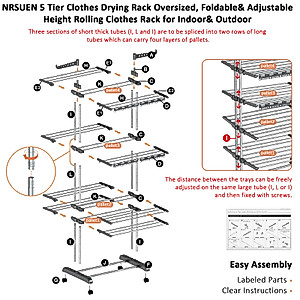 5 Tier Clothes Drying Rack Oversized, Foldable& Adjustable Height Rolling Clothes Rack Stainless Steel with 4 Castor, 32 Drying Poles,14 Hook& 4 Sock Clippers, Drying Rack Clothing for Indoor& Outdoor
