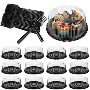 Tanlade 12 Pcs 8 Inch Plastic Cake Container and 100 Pcs Black Plastic Forks Cake Carrier with Clear Dome Lid Clear Cake Box Round Disposable Cupcake Containers Cake Platter with Cover