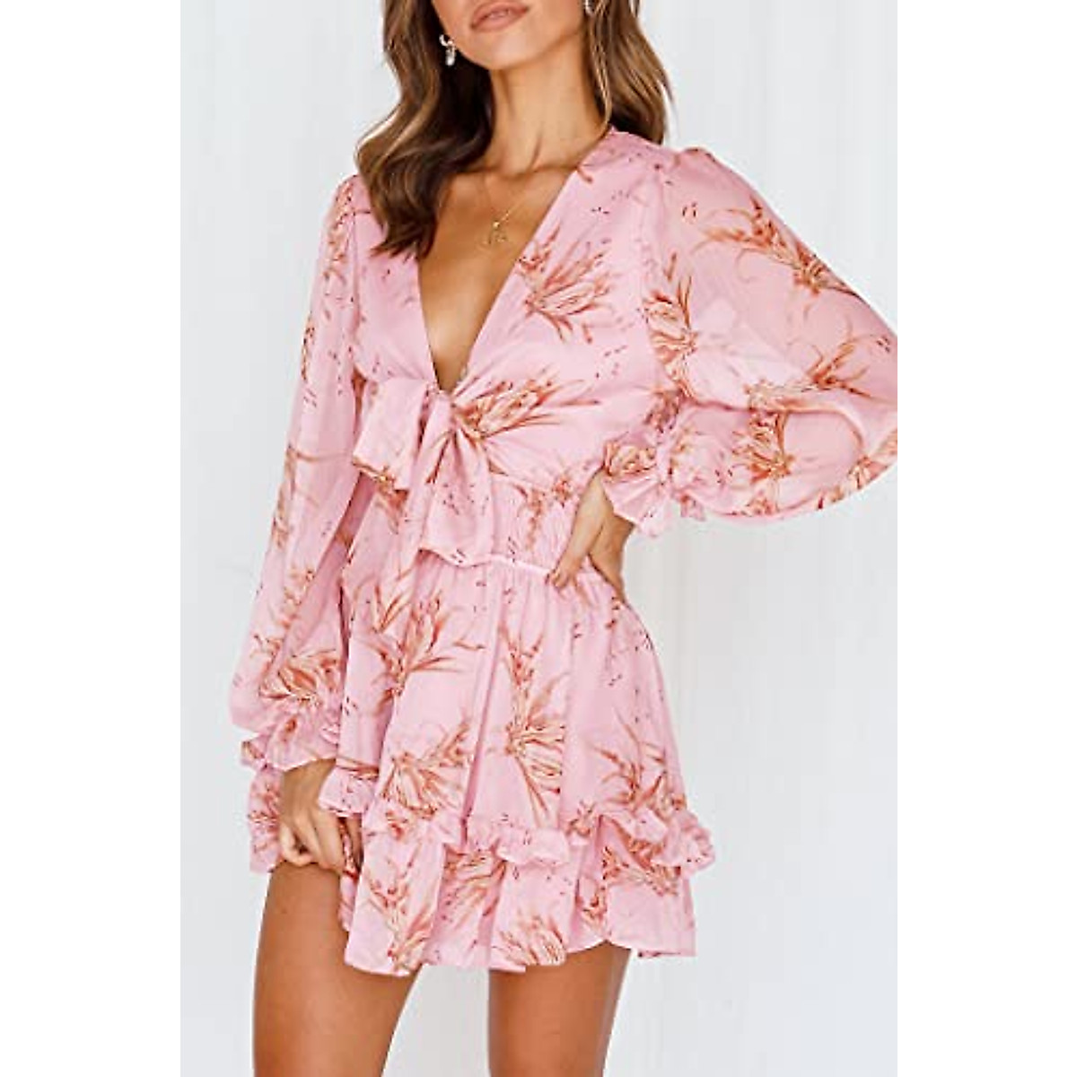 PRETTYGARDEN Women's Short A-Line Flare Dress Knot Front Long Sleeve V Neck Tiered Ruffle Swing Mini Skater Dresses (Pink Floral,X-Large)