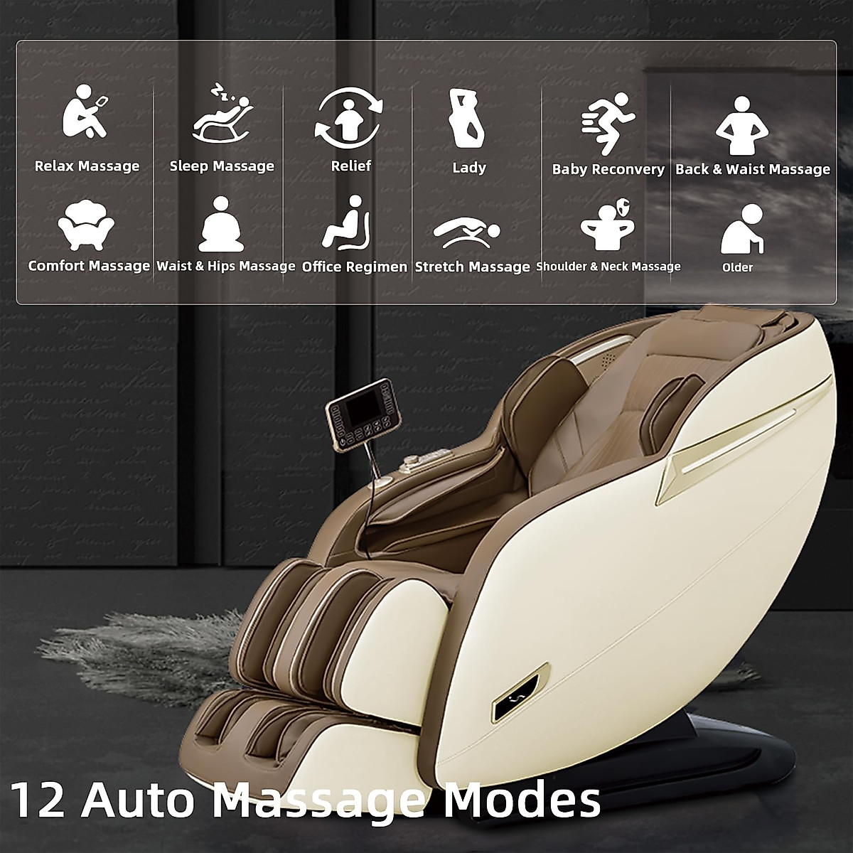 MassaMAX Full Body Massage Chair, Zero Gravity Recliner with Yoga Stretch, SL Track, Airbags, Heating, Touch Screen, and Foot Massage (MD906-Beige)