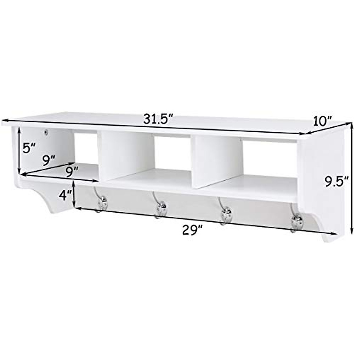 Byroce Wall Mounted Storage Cabinet, Floating Display Cabinet with 4 Dual Hooks and 3 Open Compartments, Hanging Shelf, Wall Cubby Organizer, Perfect for Entryway, Hallway, Living Room (White)