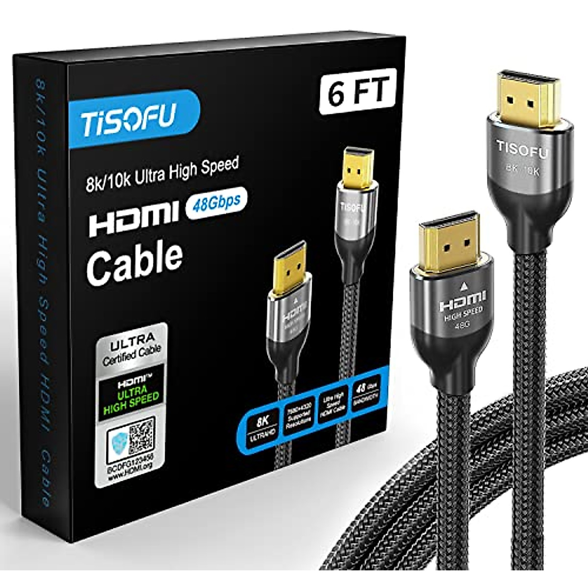 TISOFU Ultra Certified 10K 8K HDMI Cable 6FT: HDMI 2.1 Cables 48Gbps High Speed Premium Braided Cord 8K@60Hz 4K@120Hz 4K@144Hz HDCP 2.2&2.3 CL3 ARC eARC for HD/HDR/HDTV