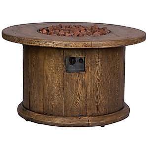 Shine Company Merida 40 in Round 50,000 BTU Outdoor Glass Fiber Reinforced Concrete Propane Gas Fire Pit Table w/GFRC Tabletop, Stainless Steel Burner, Lava Rocks, Natural Wood Look - Brown