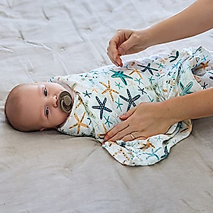 Swaddle Blanket Neutral 100% Cotton Luxury Muslin for Newborns Baby Girls and Boys Blue Beige Starfish