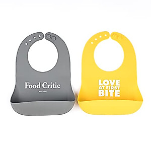 BELLA TUNNO Wonder Bib 2pk - Adjustable Silicone Baby Bibs for Girls & Boys, Durable and Waterproof BPA Free Silicone, Love at First Bite & Food Critic