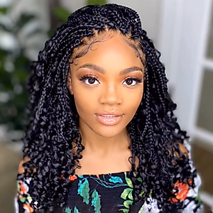 8 Packs Goddess Box Braids 10 Inch Pre-looped Bohemian Crochet Boho Box Braids With Curly Ends 3X Crochet Braids Hair for Women Synthetic Braiding Hair 16 Strands (#1B)