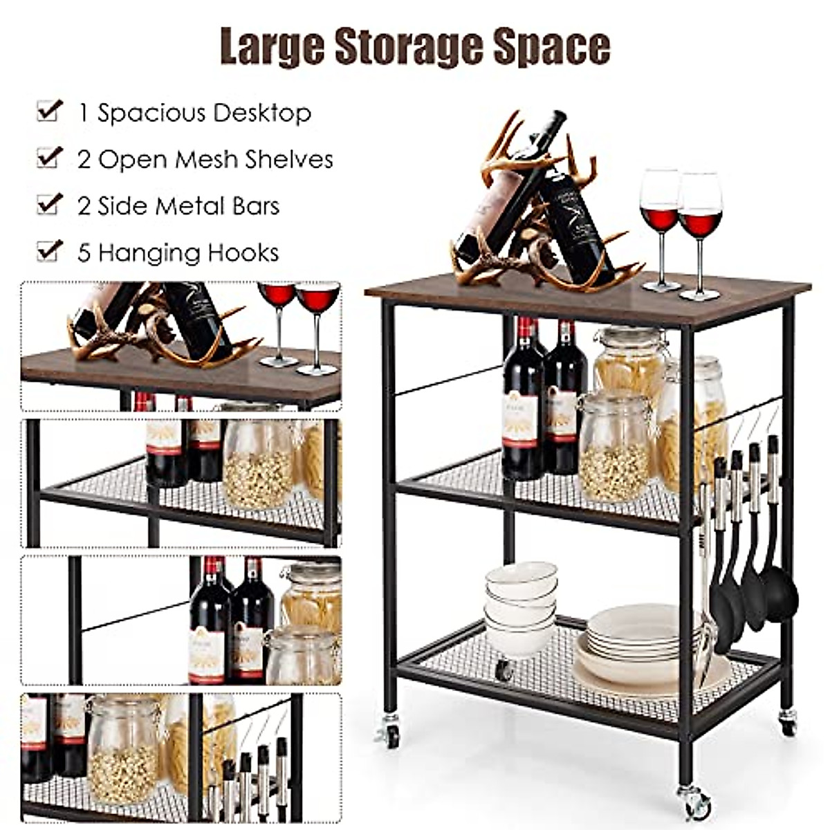 Giantex Microwave Cart 3-Tier W/Storage Shelf and Rolling Casters, Industrial Style Metal Frame for Kitchen, Living Room Accent Furniture for Living Room Rolling Serving Cart (Net-Brown)