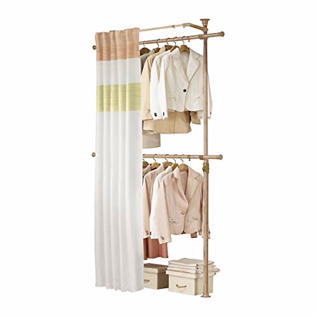 PRINCE HANGER, Premium Wood Colored 2 Tier Hanger with Curtain, Clothing Rack, Closet Organizer, Free Standing, Garment Rack, PHUS-0063, Made in Korea