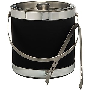 Hand Made In USA Black Wrap Double Walled 3-Quart Insulated Ice Bucket With Ice Tongs (Leatherette Collection)