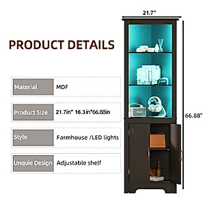 ChooChoo Tall Corner Storage Cabinet with LED Lights, 5-Tier Corner Bookshelf Stand with Barn Doors, 66.9" Gothic Corner Display Cabinet with Adjustable Shelf for Living Room, Gaming Room, Black