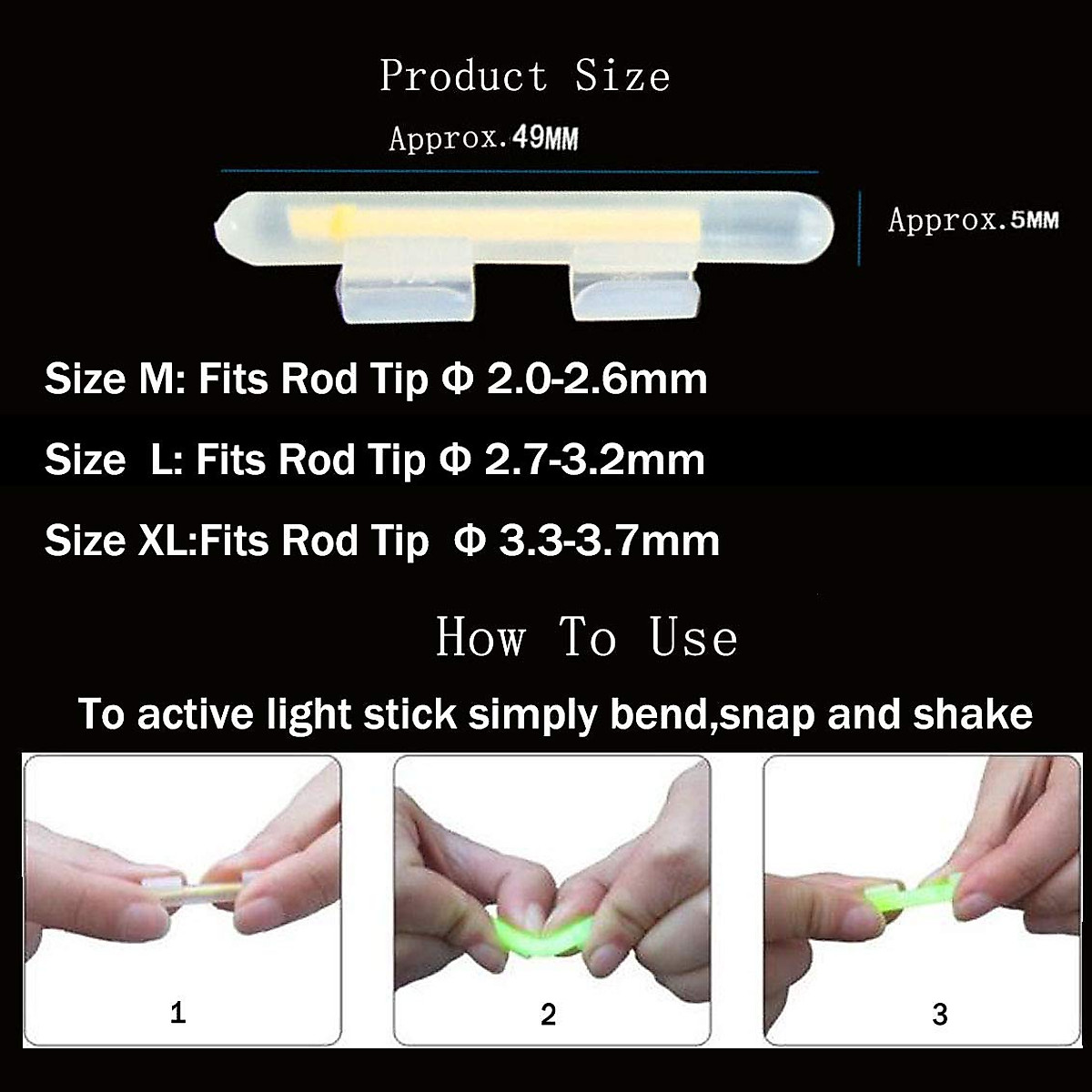 QualyQualy Clip-On Fishing Glow Sticks for Pole, Fishing Lights for Rods, Fishing Pole Light Sticks Bulk Kit 20 Pcs (10Packs L 2.7-3.2mm)