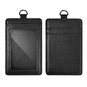 JINEASY ID Leather ID Badge Holder Vertical Lanyard ID Card Holder Black Badge Protector Case for Work Office Name Badges Keycard, Holds 3 ID Cards, 2 Pack