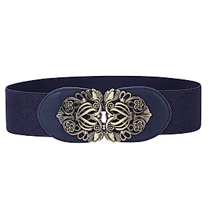Syuer Women Retro Style Stretchy Waist Belt Vintage Elastic Wide Dress Belts (L-XL (31”-37”), Navy Blue)