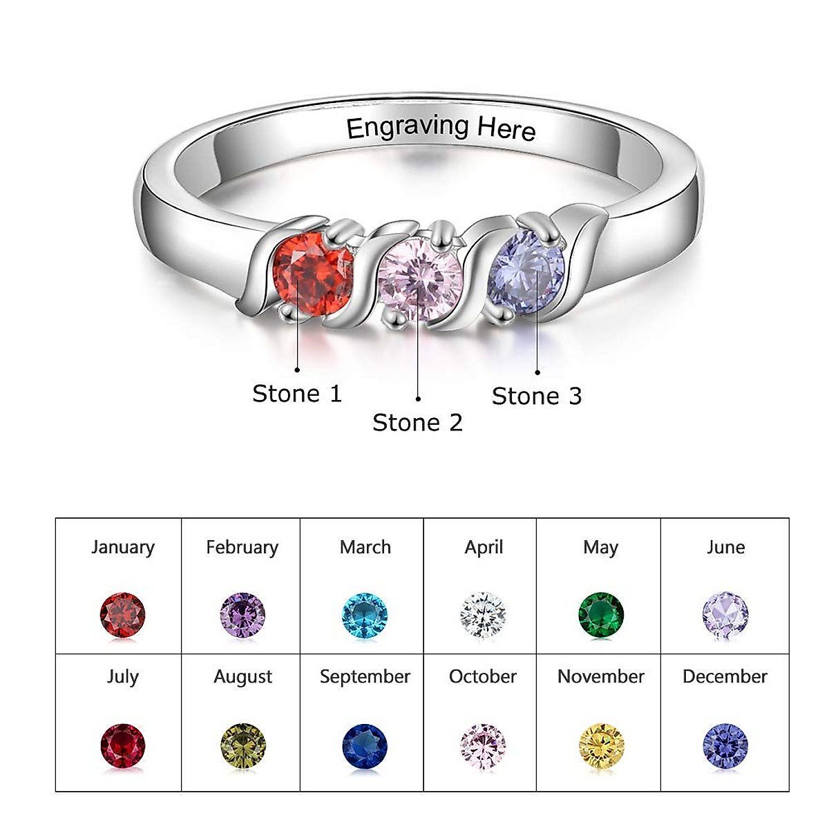 JewelOra Personalized Family Mothers Rings with 3 Simulated Birthstones Engraved Names Anniversary Rings for Grandma (7)