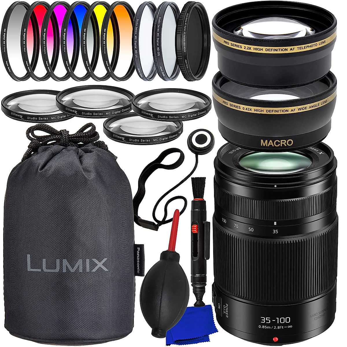 Panasonic Lumix G X Vario 35-100mm f/2.8 II Power O.I.S. Lens + Variable Neutral Density Filter (ND2-ND400), 0.43x Wide-Angle Lens Attachment, 2.2X Telephoto Lens Attachment & Much More (23pc Bundle)